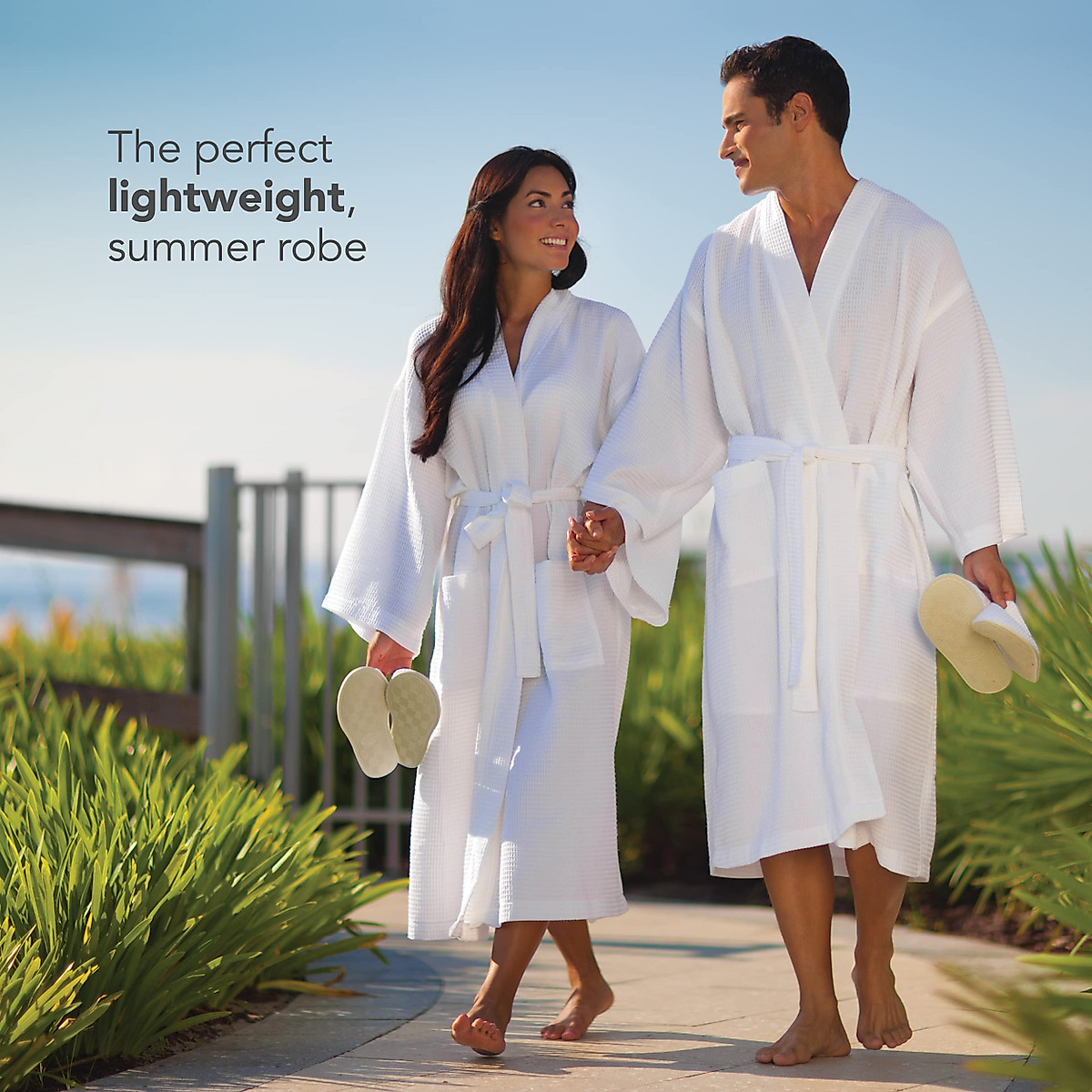 Waffle Robe for Women by BOCA TERRY, Waffle Knit Robe, Long Cotton Kimono Hotel Bathrobe, White Small/Medium