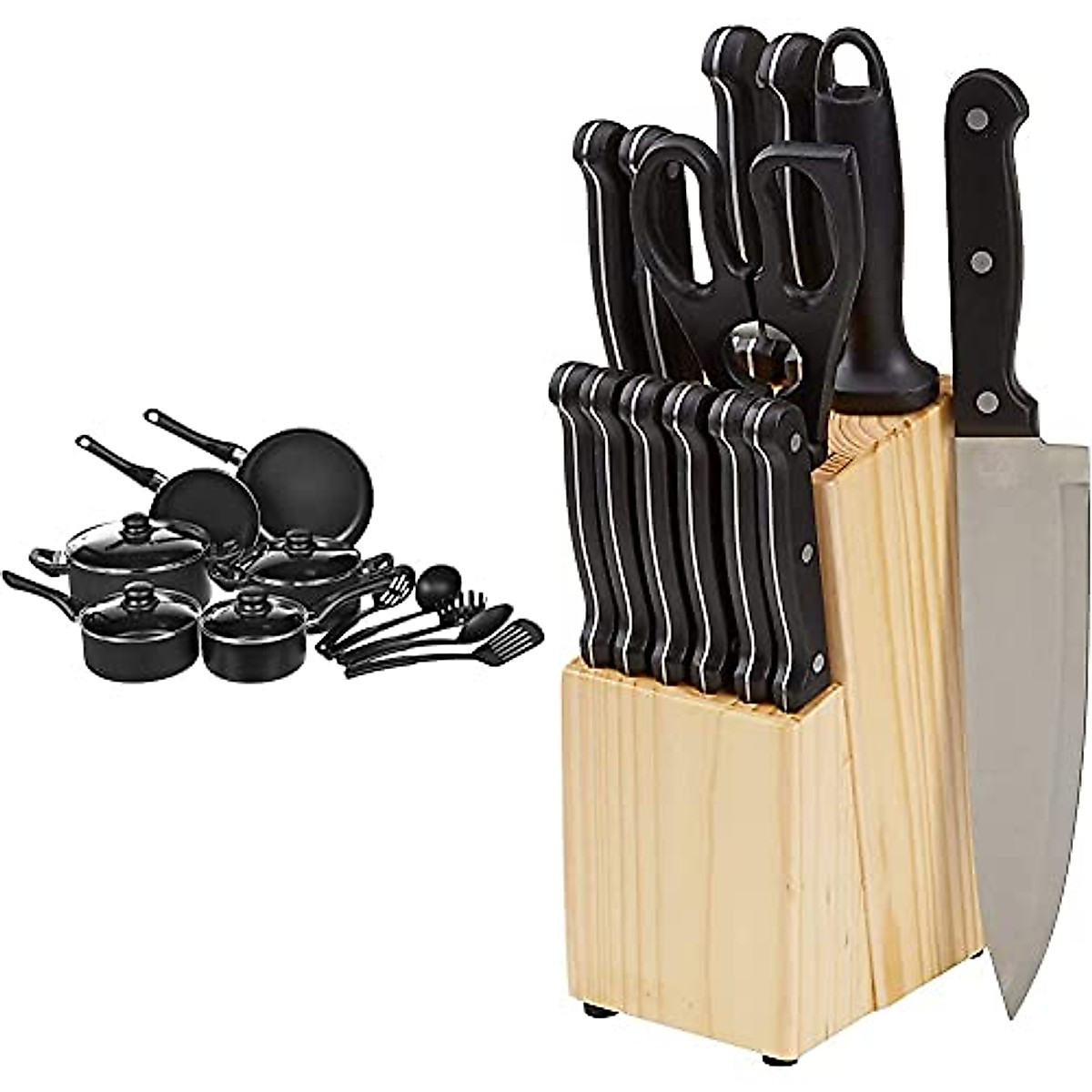 Amazon Basics Non-Stick Cookware Set, Pots, Pans and Utensils - 15-Piece Set & 14-Piece Kitchen Knife Set with High-Carbon Stainless-Steel Blades and Pine Wood Block