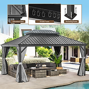 oneinmil 12x16FT Outdoor Gazebo, Heavy Duty Metal Double Roof Hardtop Gazebo with Aluminum Frame and Netting and Curtains for Patios