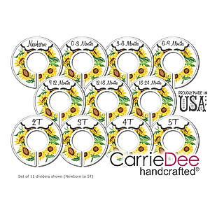 CarrieDee Handcrafted Baby Clothes Size Dividers, Girls Sunflower Nursery Closet Organizers, Baby Girl Floral Nursery Decor (Set of 11 (Newborn - 5T))