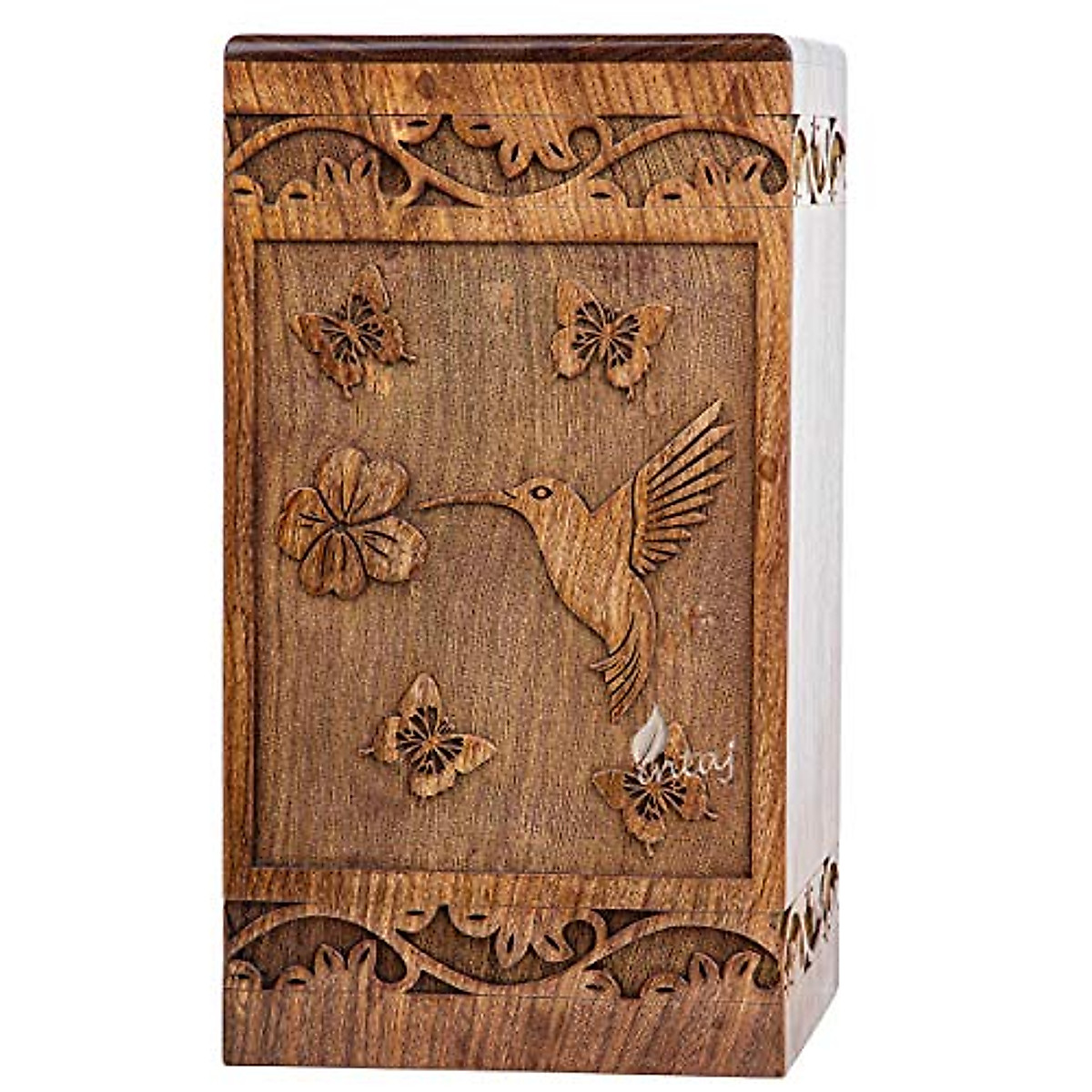INTAJ Wooden Cremation Urn for Human Ashes, Adult INTAJ Rosewood Urn for Ashes, Humming Bird Funeral Cremation Urn Hand-Crafted - Burial Urn Box (Rosewood Birds, Large - 11.25Hx6.25W (250 Cu/in))