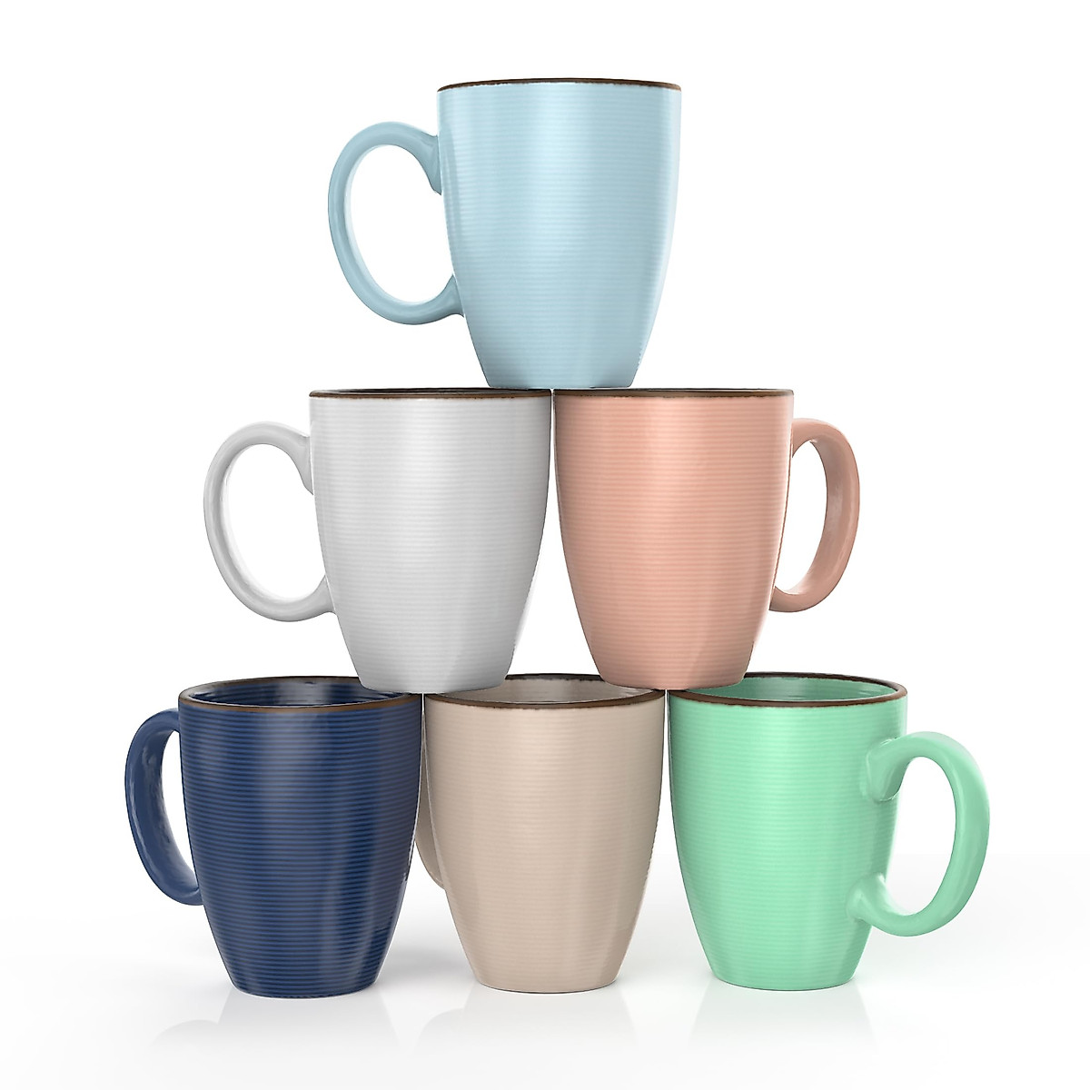 Francois et Mimi Set of 6 12oz Designer Ribbed Style Colorful Ceramic Coffee Mugs, Coffee Cups Gift Set for Coffee, Tea, Cocoa and More. Dishwasher and Microwave Safe.