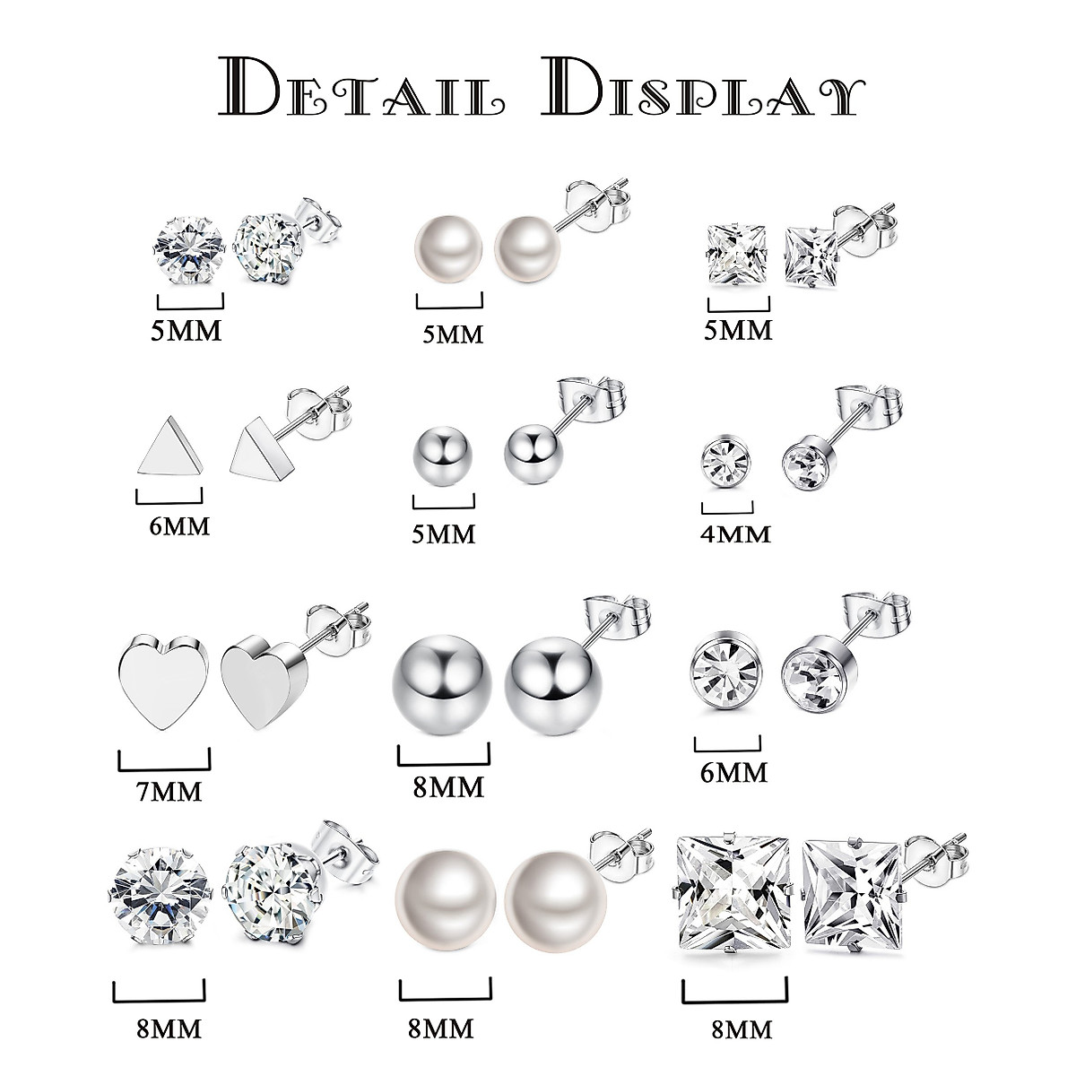 Thunaraz 12Pairs Surgical Steel Stud Earring Set Earring Ball Triangle Heart CZ Earring