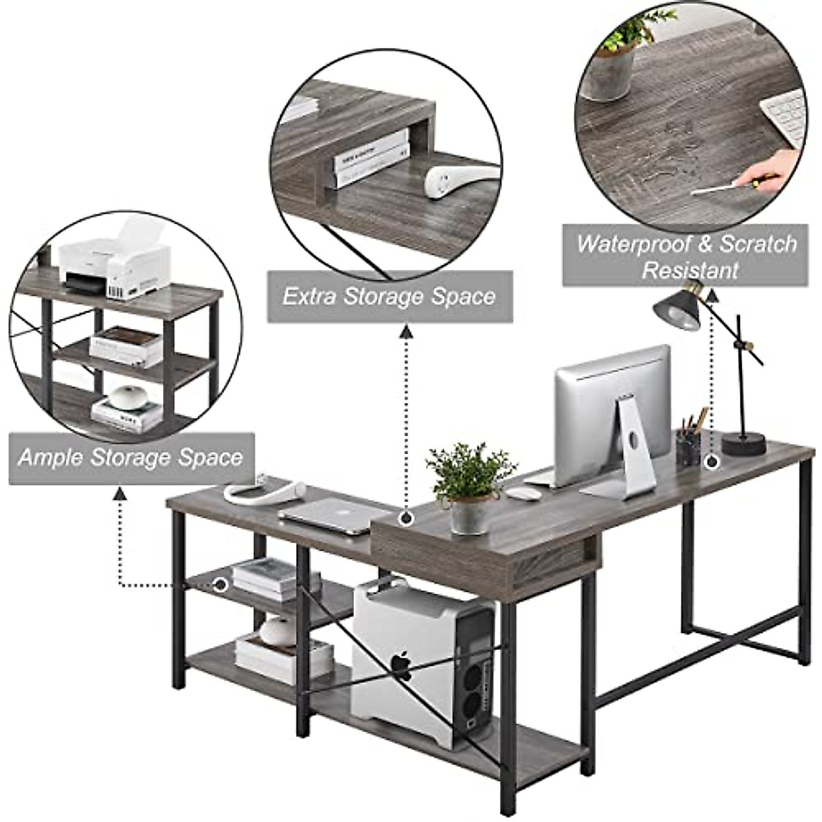 BON AUGURE Industrial L Shaped Computer Desk with Shelves, Rustic Wood Home Office Desks, Reversible Corner Desk with Storage (59 Inch, Dark Grey Oak)