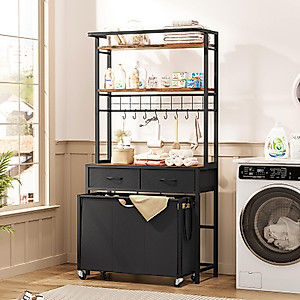 TEENFON Laundry Sorter, Rolling Laundry Hamper with 3 Section Pull-Out Bags, Laundry Basket Organizer with 2 Drawers, Laundry Hamper with Shelves and 8 Hooks for Laundry Room, Bathroom, Bedroom