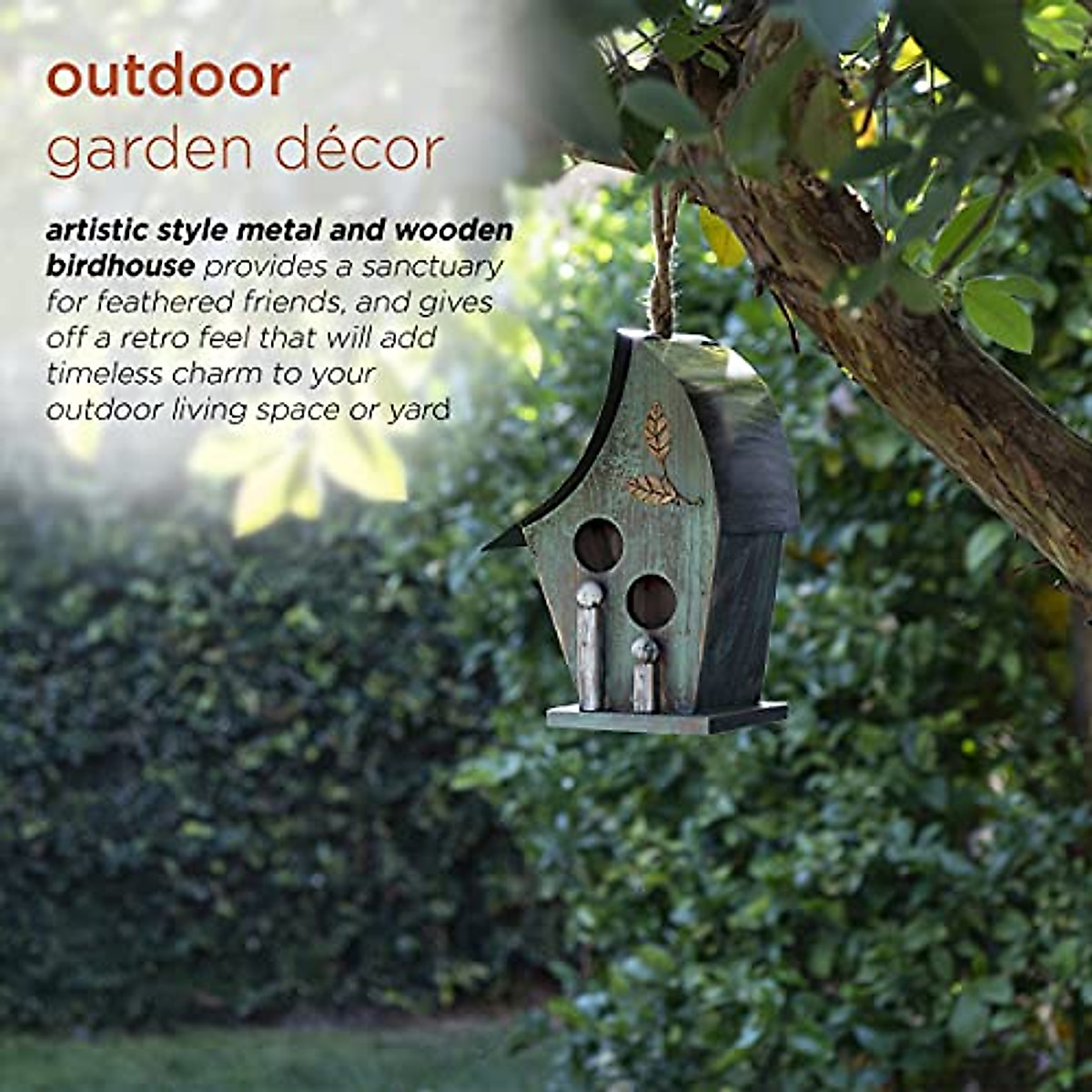 Alpine Corporation YEN134HH-TUR Wooden Birdhouse Outdoor Decor for Garden, Patio, Deck, Porch, 8" L x 6" W x 12" H with Rope: 21”H, Turquoise