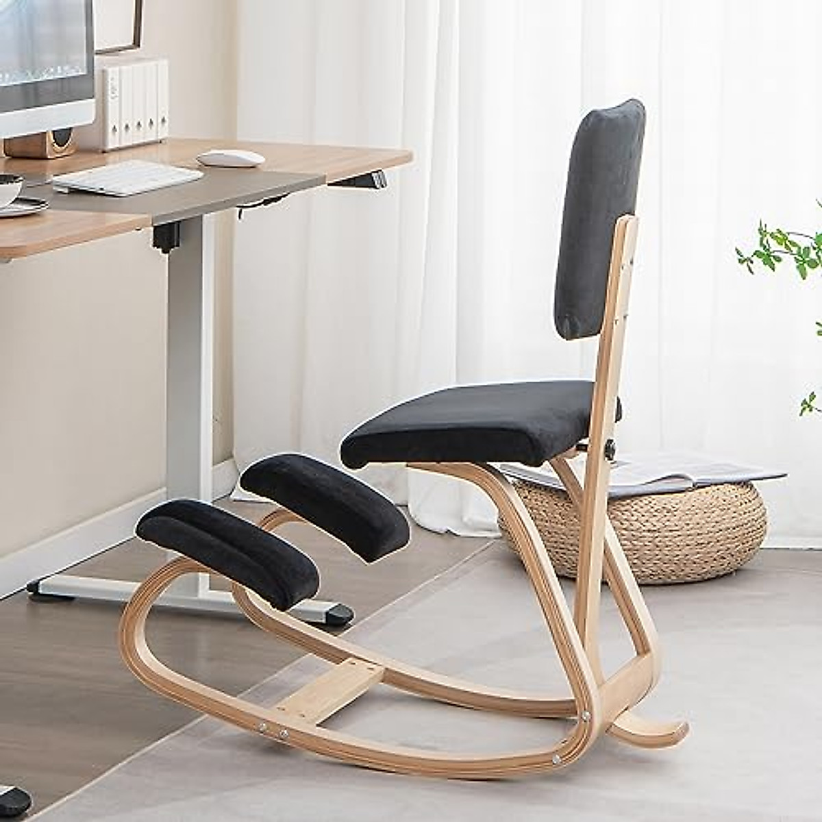 Julimoon Ergonomic Kneeling Chair, Posture Stool with Backrest & Cushion, Comfortable Kneeling Stool with Load 300 Lbs, Rocking Stool with Solid Wood Frame, Ergo Rocking Kneel Chair for Home Office