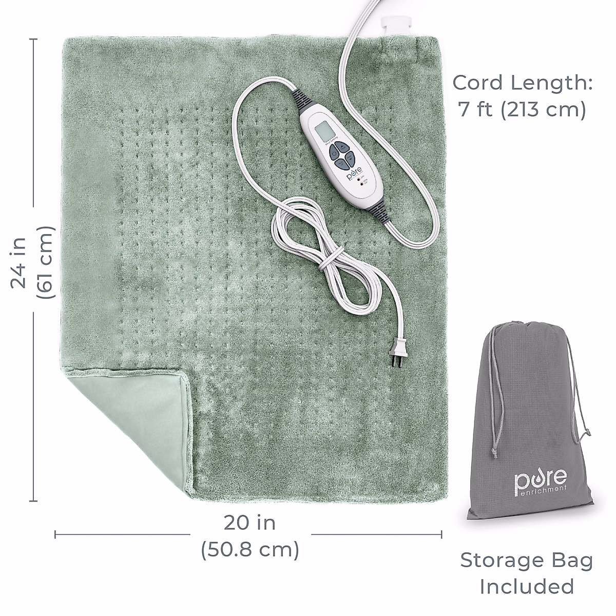 Pure Enrichment WeightedWarmth Extra-Wide Weighted Heating Pad for Cramps, Back, & Shoulder Joint Relief, 3.5 lbs, 6 Heat Settings, Microplush, Machine Washable, 2 Hr Auto Shut-Off, 20”x24” (Jade)