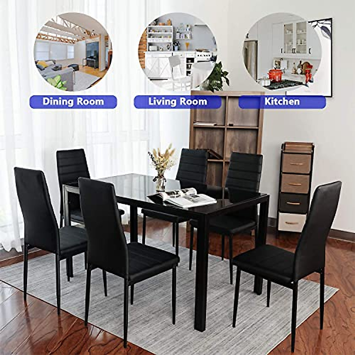 BAHOM 7 Piece Kitchen Dining Table Set for 6, Glass Dining Table and 6 Chairs PU Leather for Breakfast (2 Boxes)