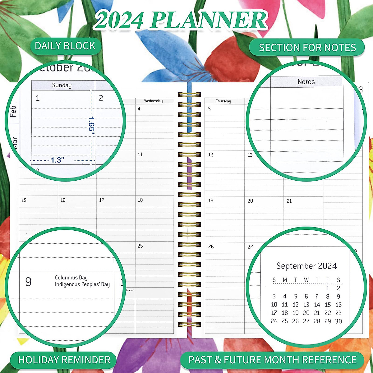 2024 Monthly Planner/Monthly Calendar - Daily Weekly Monthly Planner with Tabs, 8.5" x 6.4", Elastic Closure, Inner Pocket, Floral Agenda Organizer