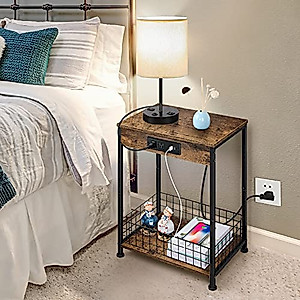 Vrisa Nightstand with Charging Station Bed Side Tables Set of 2 with USB Ports and Outlets Farmhouse Night Stand with Storage Basket Nightstands for Bedroom Living Room Industrial