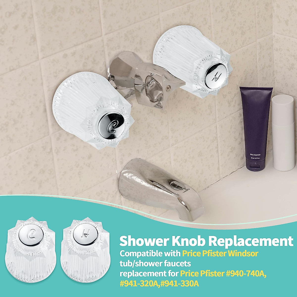 Shower Knob Replacement, 3 Pcs Clear Acrylic Hot,Cold Faucet Handle, Compatible with Pfister Contessa, Windsor, Moen 100710, Phoenix,Shower Knobs, Shower Handle Replacement