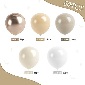 White Sand Balloons Set, 60 Pcs 12 Inch Double Stuffed Beige Boho Balloons with Metallic Chrome Champagne Nude Neutral Cream Balloon for Wedding Bridal Baby Shower Birthday Party Decorations