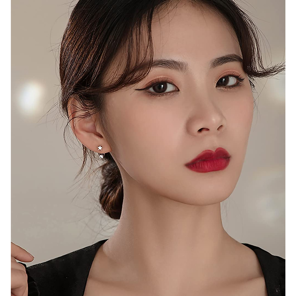 Reffeer Solid 925 Sterling Silver Star Half Hoop Earrings Open Huggie Hoops for Women Ball Cuff Earrings Star (A-Silver)