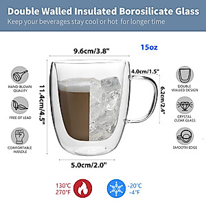 HORLIMER 15 oz Double Walled Glass Coffee Mugs Set of 2, Clear Insulated Coffee Cup with Handle for Espresso Cappuccino Latte Tea Milk Juice