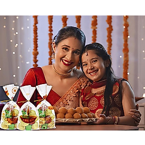 120 Pieces Diwali Cellophane Bags with Twist Ties, Deepavali Candle Cello Treat Bags Indian Holiday Candle Bag Festival of Lights Treat Bags for Cookie Candy Goodies Wrapping Supplies