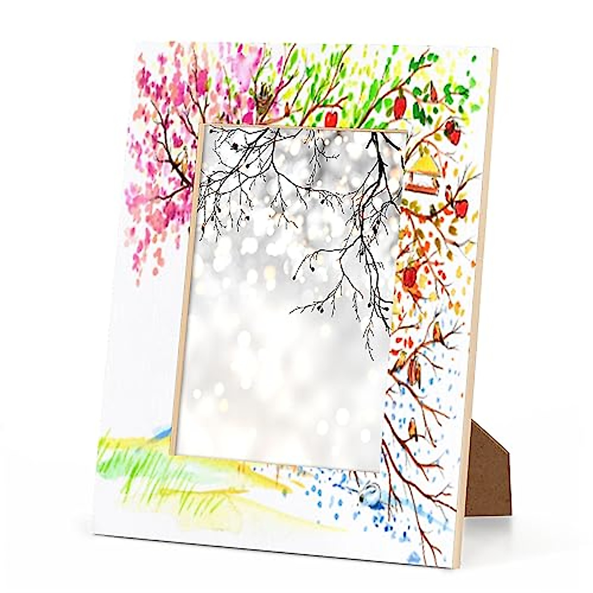 Yzrwebo Watercolors Deer 5x7 Picture Frame Fours Seasons Tree Wood Photo Frames High Transparent Horizontal and Vertical Tabletop Display or Wall Mounting for Family Home Gallery Office