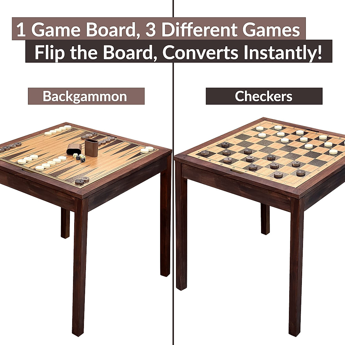 Sterling Games Wooden Chess Table | Chess, Checkers and Backgammon 3 in 1 Combo Game Table Furniture Set, 25" x 25", 4" King