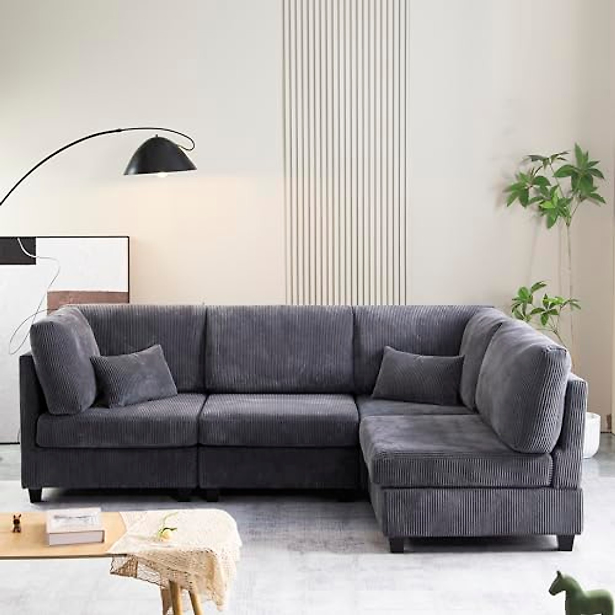 Eafurn Convertible Modular Sectional Sofa Set, Free Combinational Corner Couch, Corduroy Upholstered Deep Seat Comfy Sofa&Couches with Solid Wood Legs for Living Room Apartment, Gray 126.38"