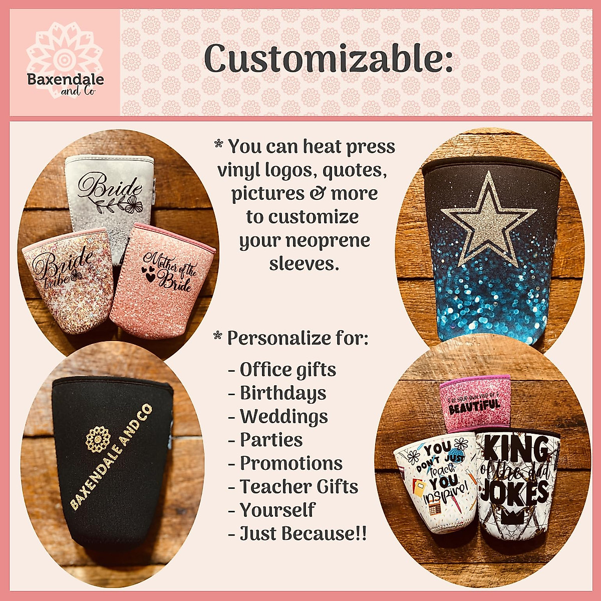 Baxendale and Co Reusable Neoprene Insulator Sleeves for Iced Coffee and Cold Drink Cups (2 PK Medium 22-24oz, Gold/Black Glitter Print)