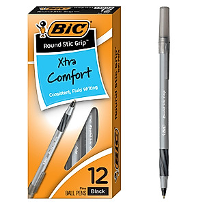 BIC Round Stic Grip Xtra Comfort Ballpoint Pen, Fine Point (0.8mm), Black, 12-Count