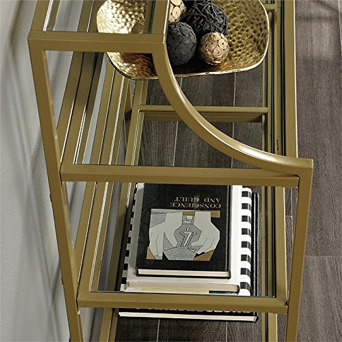 Home Square 2 Piece Living Room Set with 5 Shelf Metal Frame Bookcase and 3 Shelf Console Table in Satin Gold