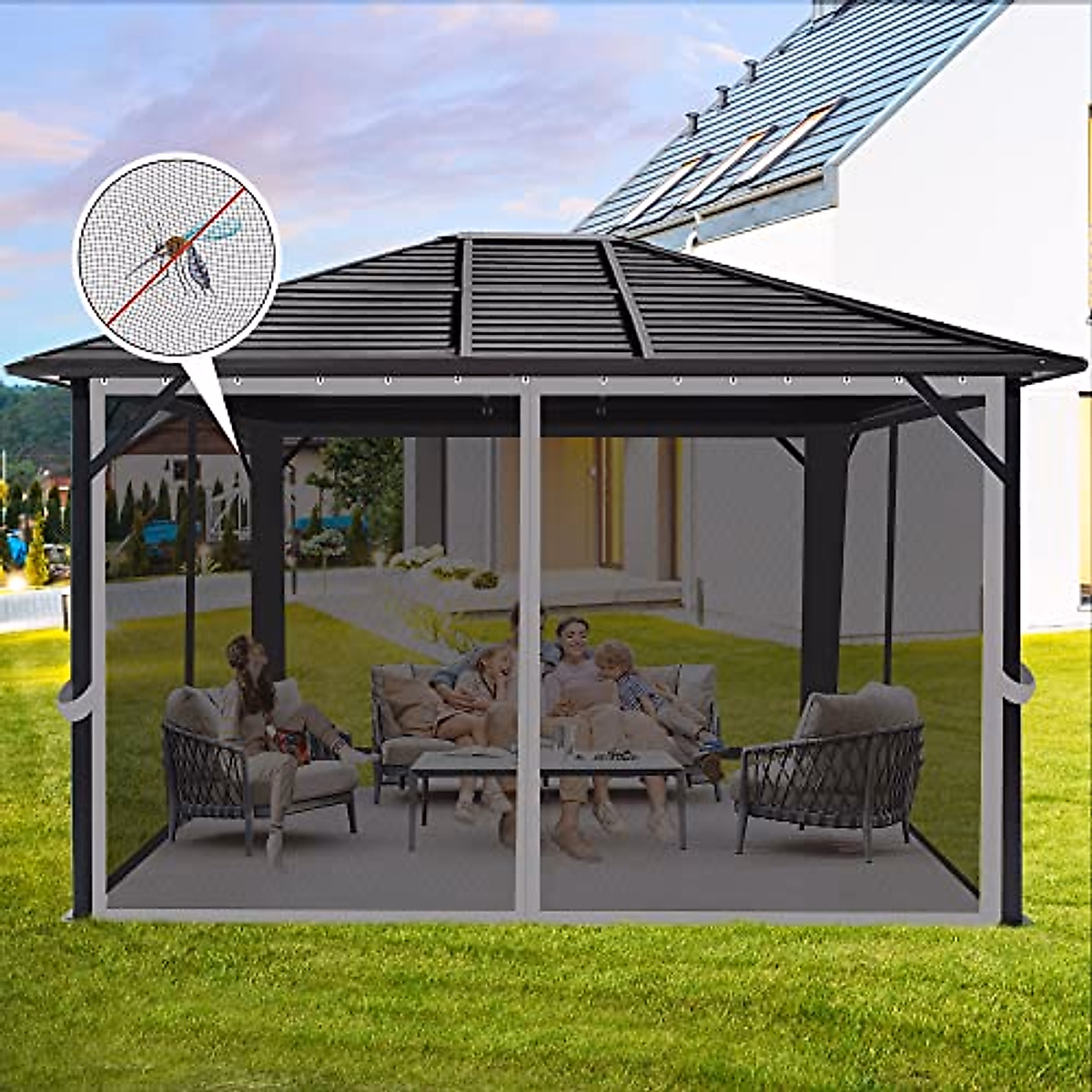 Funny Sunny 10' x 12' Patio Hardtop Gazebo - Outdoor Heavy Duty Gazebo with Aluminum Frame, Galvanized Hardtop Gazebo with Breathable Netting for Garden, Lawns, Party, Poolside