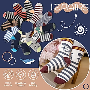 ANTSANG Baby Boys Grips Socks Kids Toddlers Infants Non Slip/Anti Skid Crew Cotton Socks 12 Pairs (Brown Striped(12 Pairs),5-8 Y)