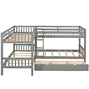 TARTOP L-Shaped Bunk Beds for 4,Solid Wood Bunk Bed Frame with 3 Storage Drawers,Twin Over Twin Size Corner Bunk Bed,Wood Quad Bunk Beds Frame for Kids Teens Girls Boys,Gray