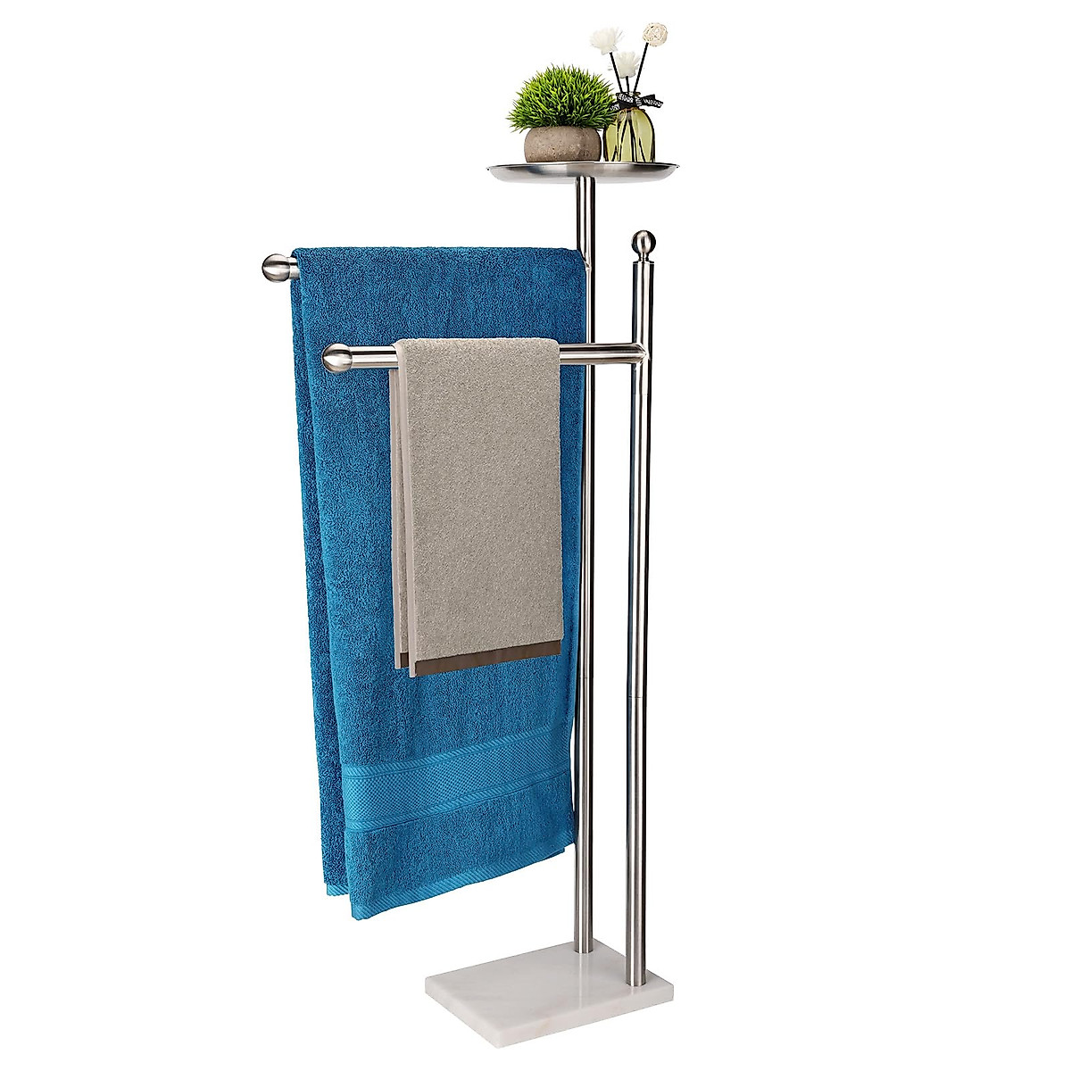 Songtec Towel Rack Stand for Bathroom, 2-Tier Towel Holder Stand for Bath Towels Max to 68” & 60” Long, Practical Shelf on Top for Phone, Shampoo, Body Wash