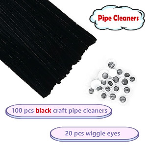 Cldamecy 100 pcs Black Pipe Cleaners with 20 pcs Googly Eyes,Chenille Stems for Craft Project,Craft Pipe Cleaners for DIY Projects,Arts and Holiday Decoration