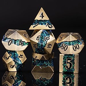 Maywin Metal RPG Dice Set,Mica Glitter Stripe Dice DND,Antique Bronze Dice 7pcs Set for Dungeons and Dragons