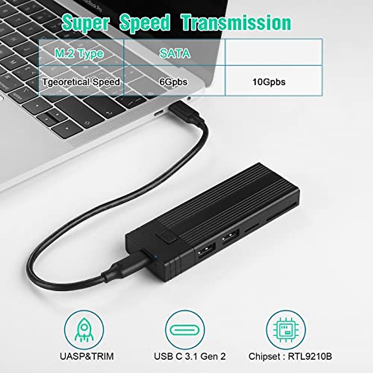 Kafuty-1 M.2 NVMe SSD Enclosure Adapter,USB C Type C SSD Enclosure,10Gbps Solid State Drive External Enclosure,Support USB2.0,TF Card,for Smartphone,Tablets,Game Consoles,etc.(Black)