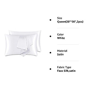Zenssia Silky Satin Pillow Cases Set of 2, Soft Satin Pillowcases for Hair and Skin, Satin Pillow Covers with Zipper Closure, Queen Size 20x30 Inches, White