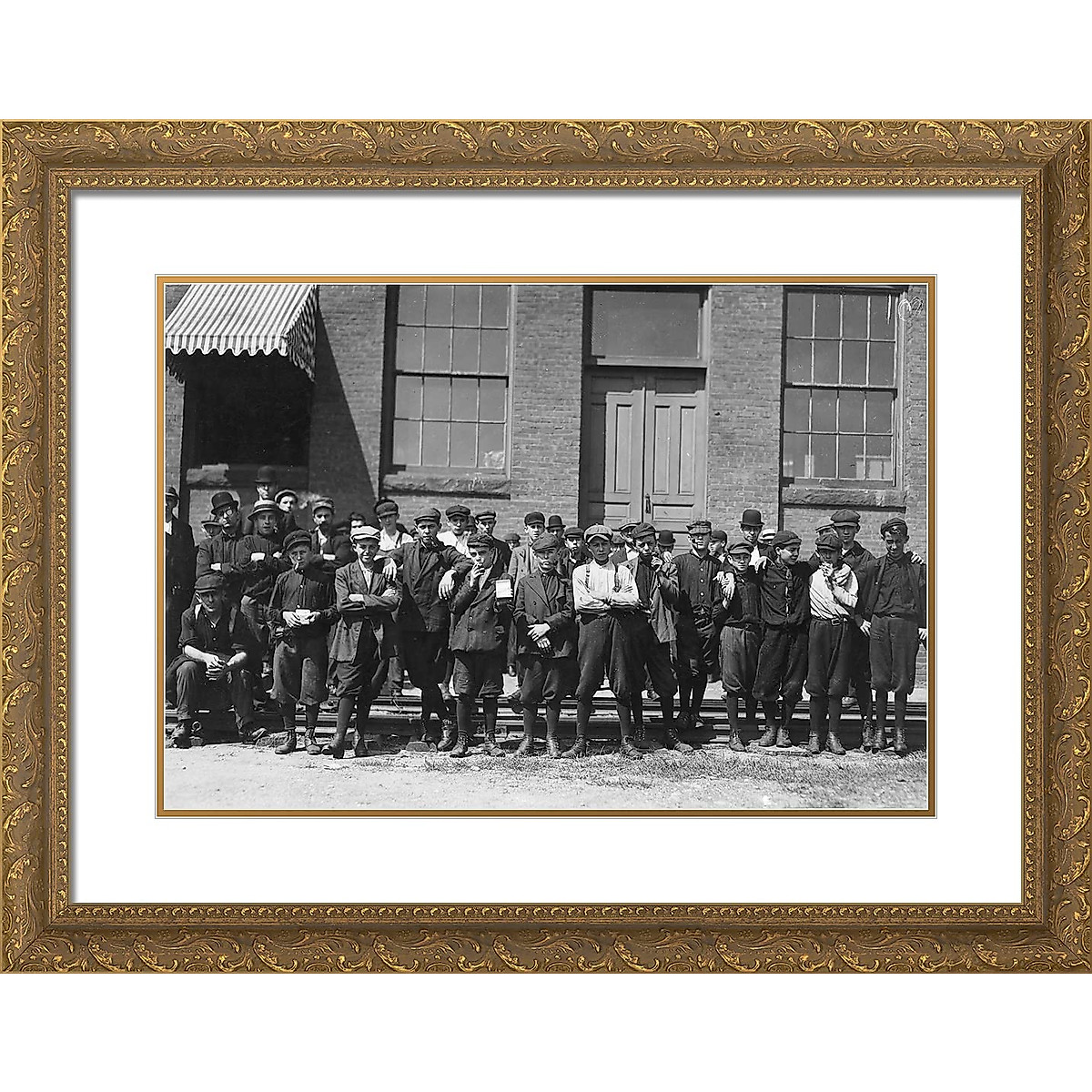 ArtDirect Hine, Lewis Wickes 24x19 Gold Ornate Framed Art Print with Double Matting Titled: Group in Front of Indian Orchard MFG Co