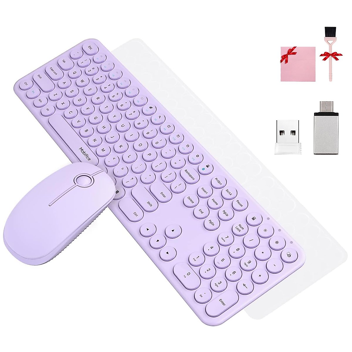 Mobifice Cute Keyboard and Mouse Wireless for PC Computer/Laptop/Windows/Mac/Tablets, Ultra-Thin 2.4GHz USB Cordless Full-Sized Silent Retro Computer Keyboard Mouse Combo (Purple)