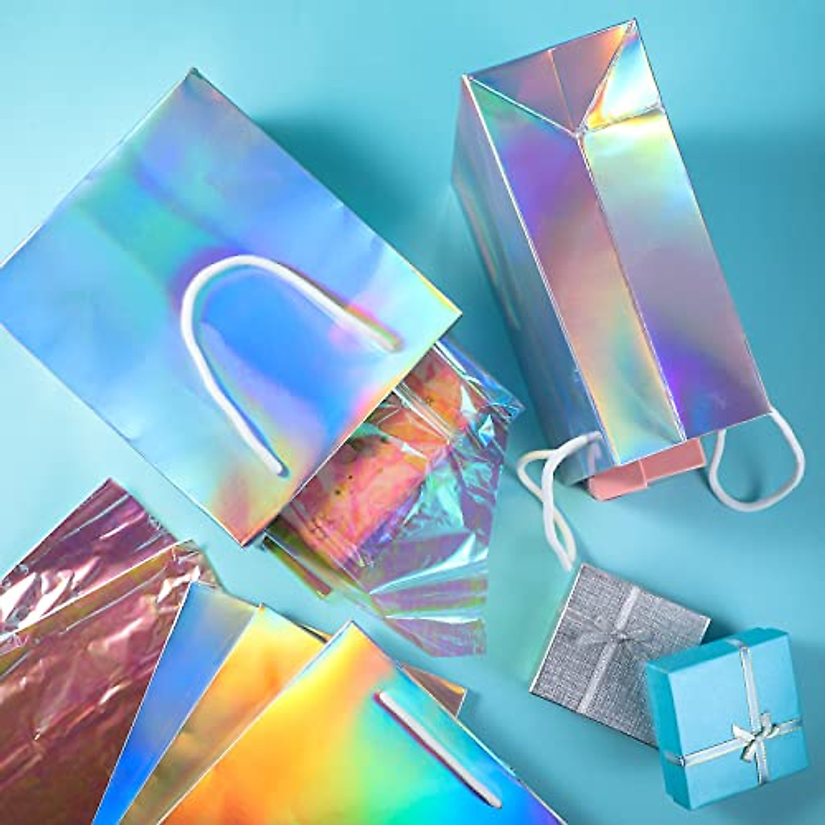 12 Pcs Holographic Silver Gift Bags Iridescent Party Bags with Handles and 20 Pcs Rainbow Glossy Clear Film Cellophane Sheets Reflective Wrapping Paper for Party Supplies