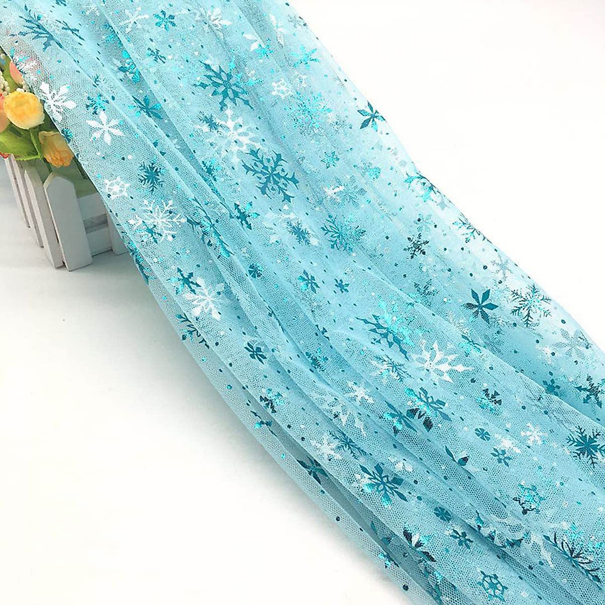 Queenbox 100x150cm Sparkle Snowflake Tulle Sequins Mesh Fabric Glitter Snow Flower Net Gauze for Christmas Wedding Party, Sky Blue + Blue Star