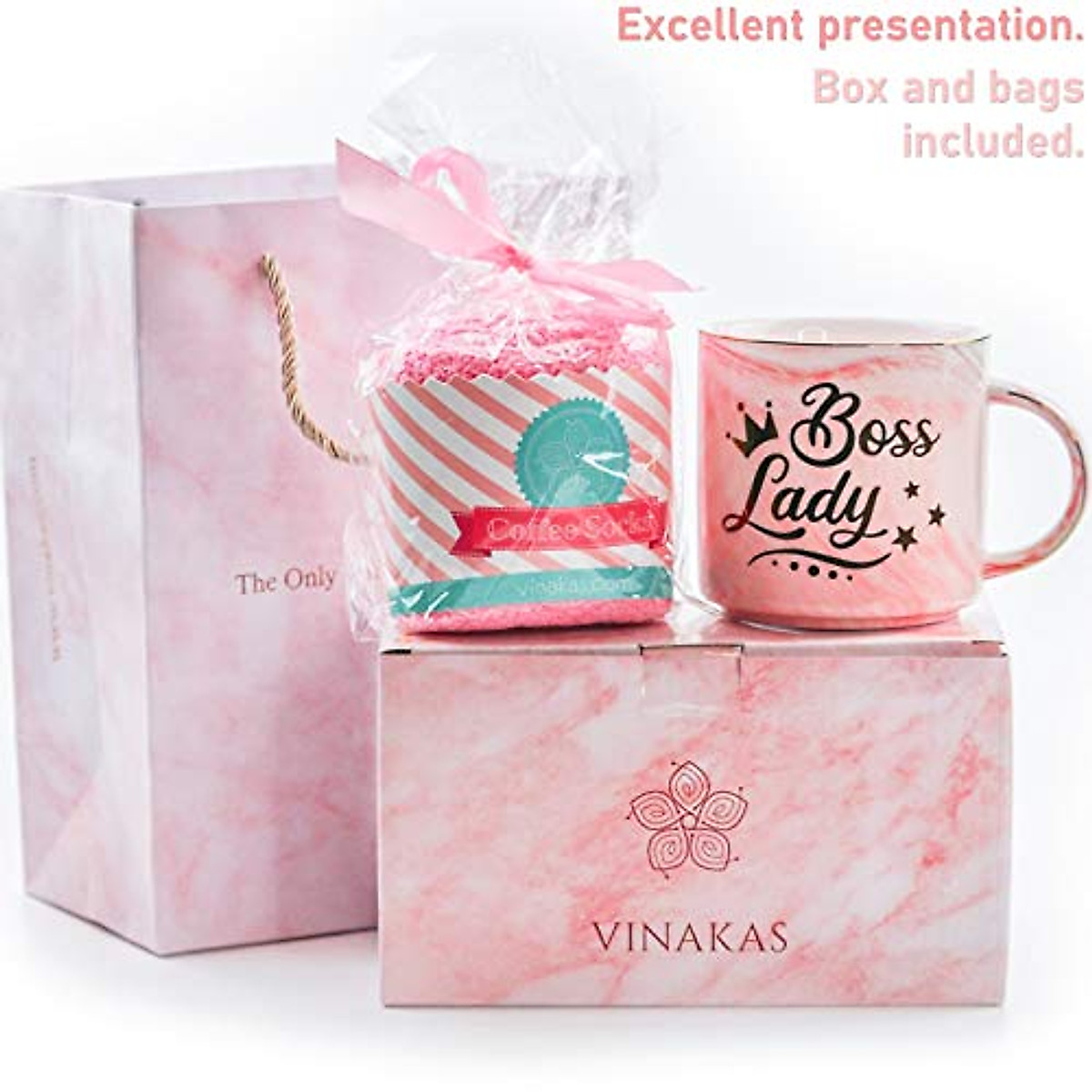 VINAKAS Boss Lady Gifts for Women – 12oz Gold Pink Ceramic Boss Lady Coffee Mug with Fuzzy and Funny Socks - Fun and Colorful Gifts for Mom. Fun Boss Gifts for Women to Make Her Smile