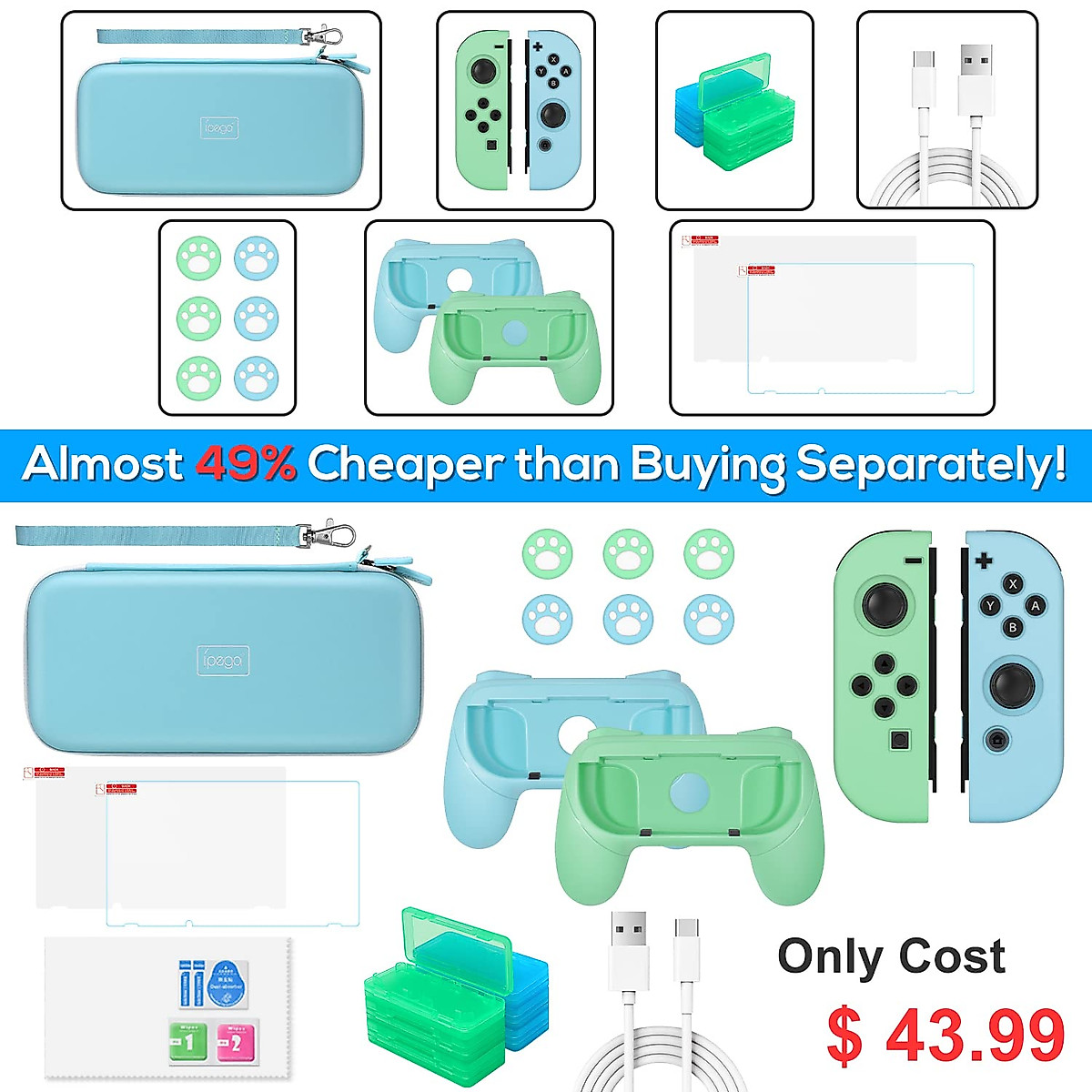 Accessories Bundle Compatible with Nintendo Switch for Animal Crossing,26 in 1 Accessories kit Carrying Case,Screen Protector,Handle Grips,Steering Wheels,Silicone Case,Thumb Caps for Joy Con