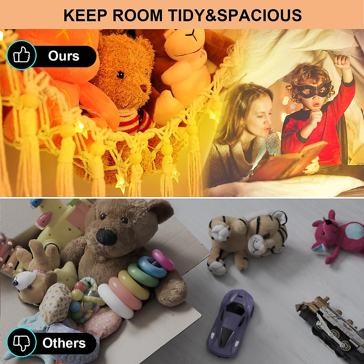 Stuffed Animal Net or Hammock with LED Light Macrame Stuffed Animal Storage Organizer Plush Animal corner Storage Doll Teddy Bear Hammock for Wall Bedroom Living Boho