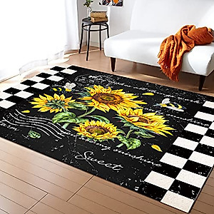 4' x 6' Sunflower Black Area Rug,Rustic Bee White Buffalo Plaid Check Outdoor Indoor Washable Carpet Area+Rug for Living Room,Kids/Boys/Girls Bedroom,Bathroom,Classroom,Kitchen,Hallway,Throw Floor Mat