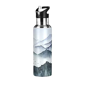Kigai Mountain Watercolor Painting Stainless Steel Sports Water Bottle BPA-Free Vacuum Insulated Leakproof Wide Mouth Flask with Straw Lid Keeps Liquids Cold or Hot for Gym Travel Camping