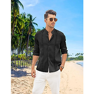 COOFANDY Men's Cuban Guayabera Shirt Long Sleeve Linen Cotton Shirt Hippie Beach Button Down Casual Shirts Black