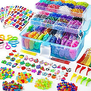 Inscraft 17500+ Rubber Loom Bands with 3 Layer Blue Container, 28 Colors, 600 S-Clips, 352 Beads, 40 Cartoon Pendant, Bracelet Making Refill Kit for Kids