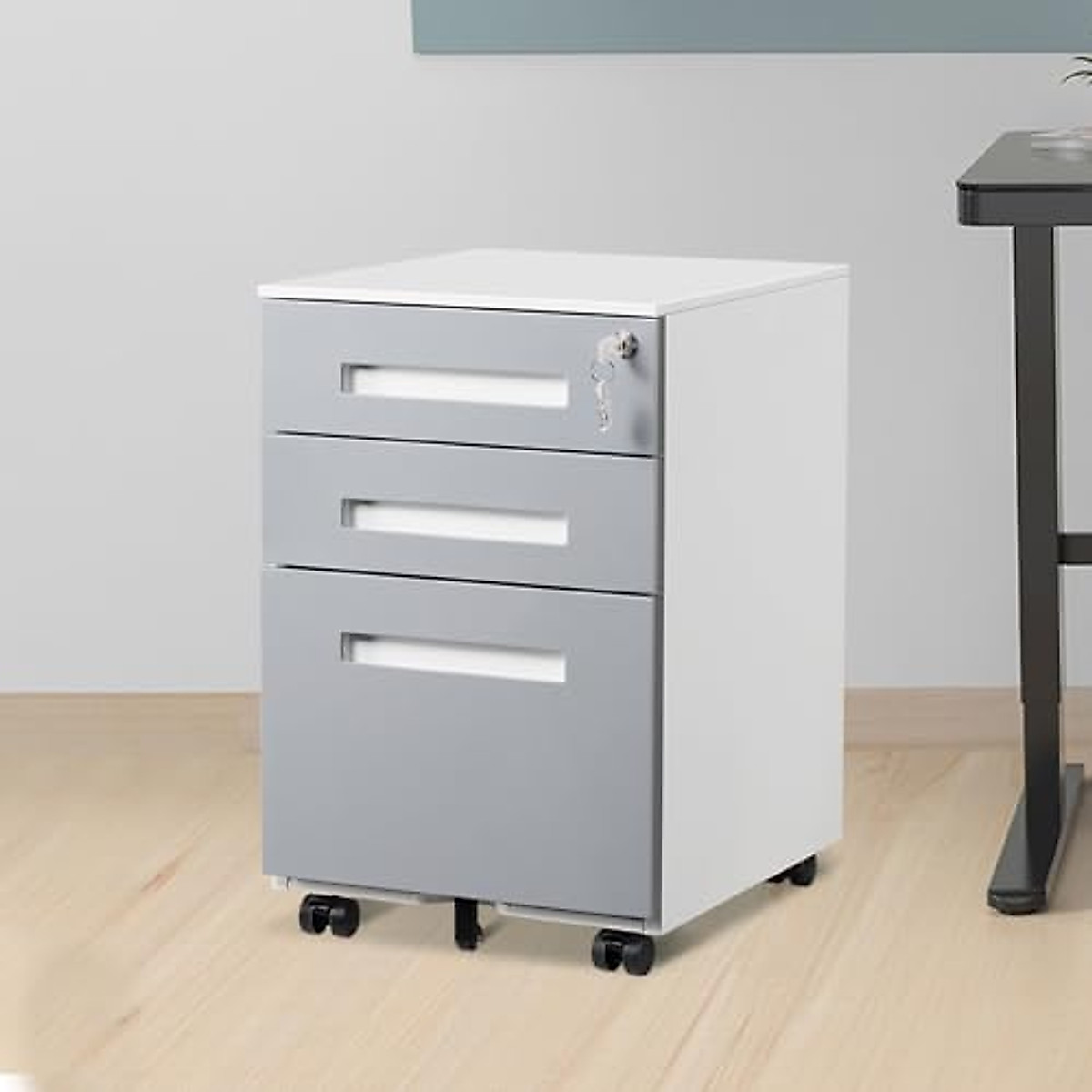 Godappe 3 Drawer Mobile File Cabinet, Metal Vertical Filing Cabinet with Lock Anti-tilt Design Rolling Filing Cabinet Under Desk File Cabinet fits Letter/Legal/A4 Size for Home Office(Grey)
