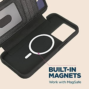 Case-Mate Wallet Folio iPhone 13 Case - Black [10FT Drop Protection] [Compatible with MagSafe] Magnetic Flip Shockproof Cover Made with Genuine Pebbled Leather, Landscape Stand, Cash & Card Holder