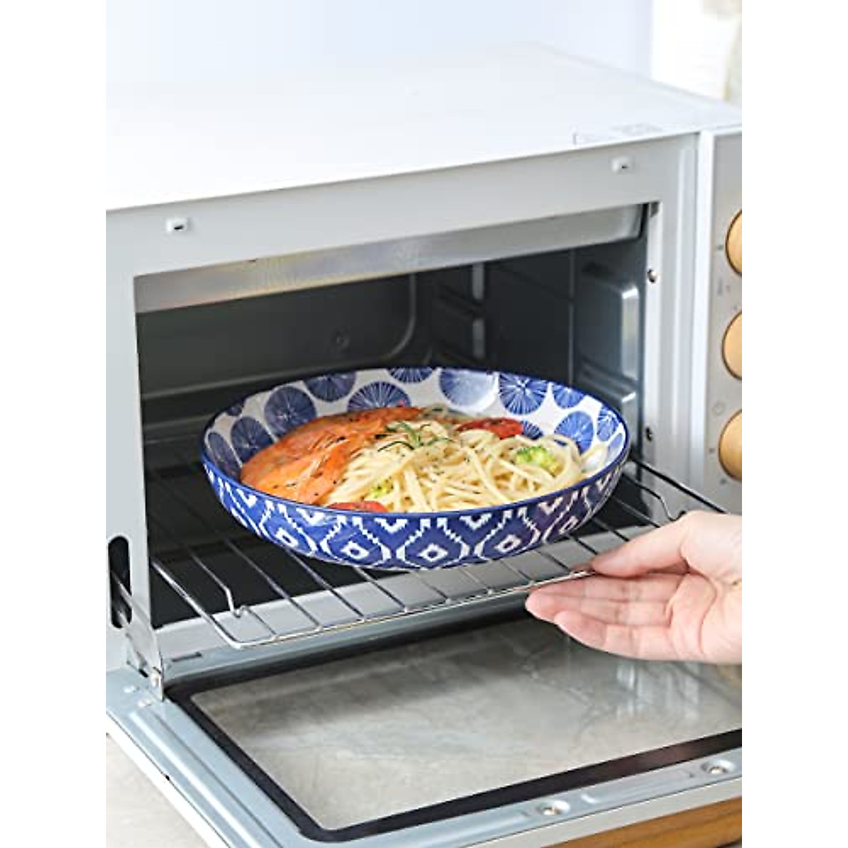 Selamica Porcelain 26 Ounce Pasta Bowls Set of 6, 8 inch Wide and Shallow Salad Bowls, Serving Bowls, Microwave & Dishwasher Safe, Sturdy & Stackable, Vintage Blue