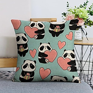Cute Panda Heart Throw Pillow Covers 18×18 Pillowcases Set of 2 Happy Valentine's Day Linen Decorative Square Pillow Case Cushion Covers Standard Size for Sofa Couch Outdoor Bed Pillow Protectors