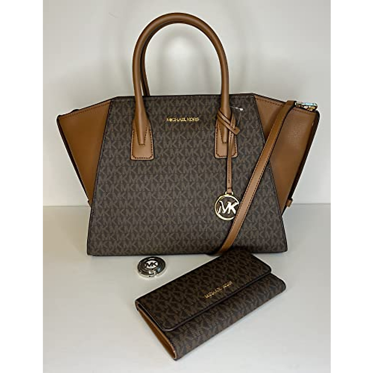 Michael Kors MICHAEL Michael Kors Avril Large Top-Zip Satchel bundled with Trifold Wallet Purse Hook (Signature MK Brown)